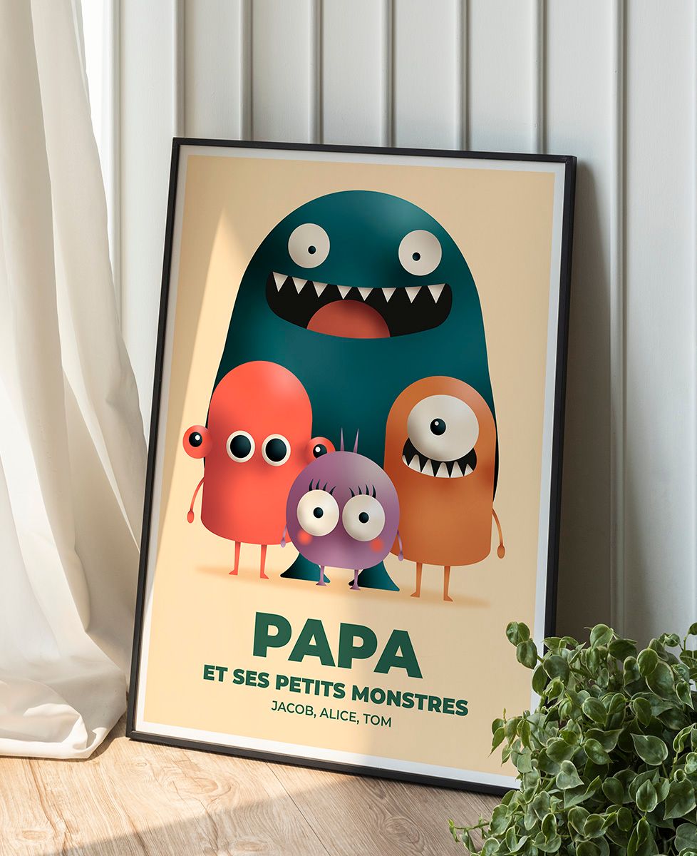 Affiche Papa et ses petits monstres personnalisé | Monsieur TSHIRT