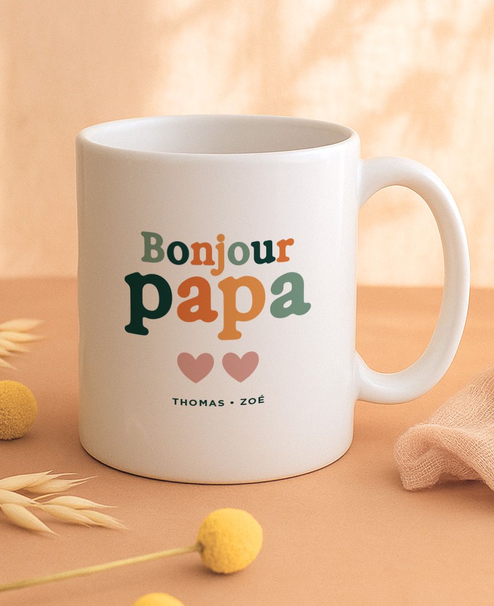 Mug Bonjour Papa et coeurs personnalisé | Monsieur TSHIRT