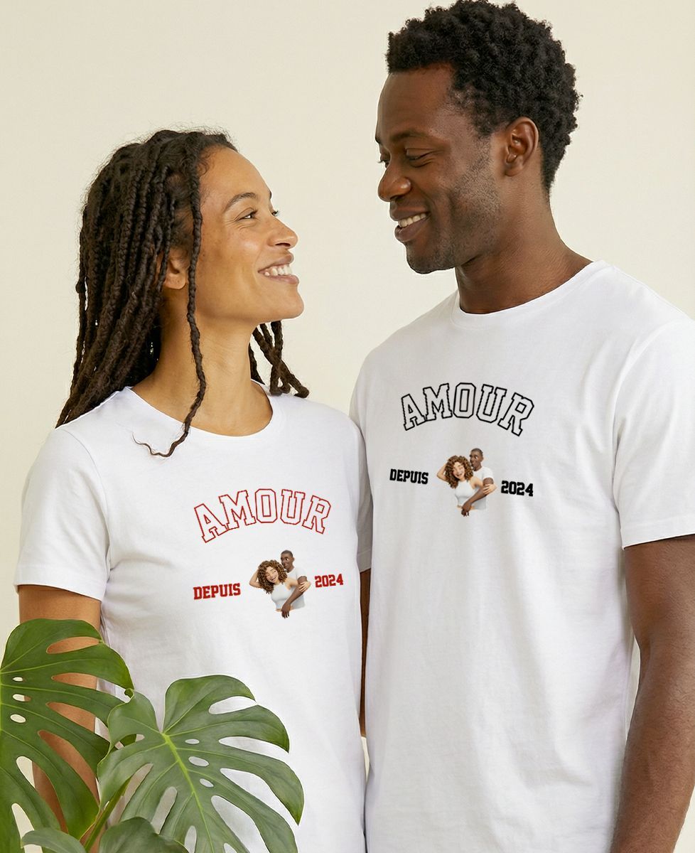 T-shirt couple illustré avec texte personnalisé | Monsieur Tshirt
