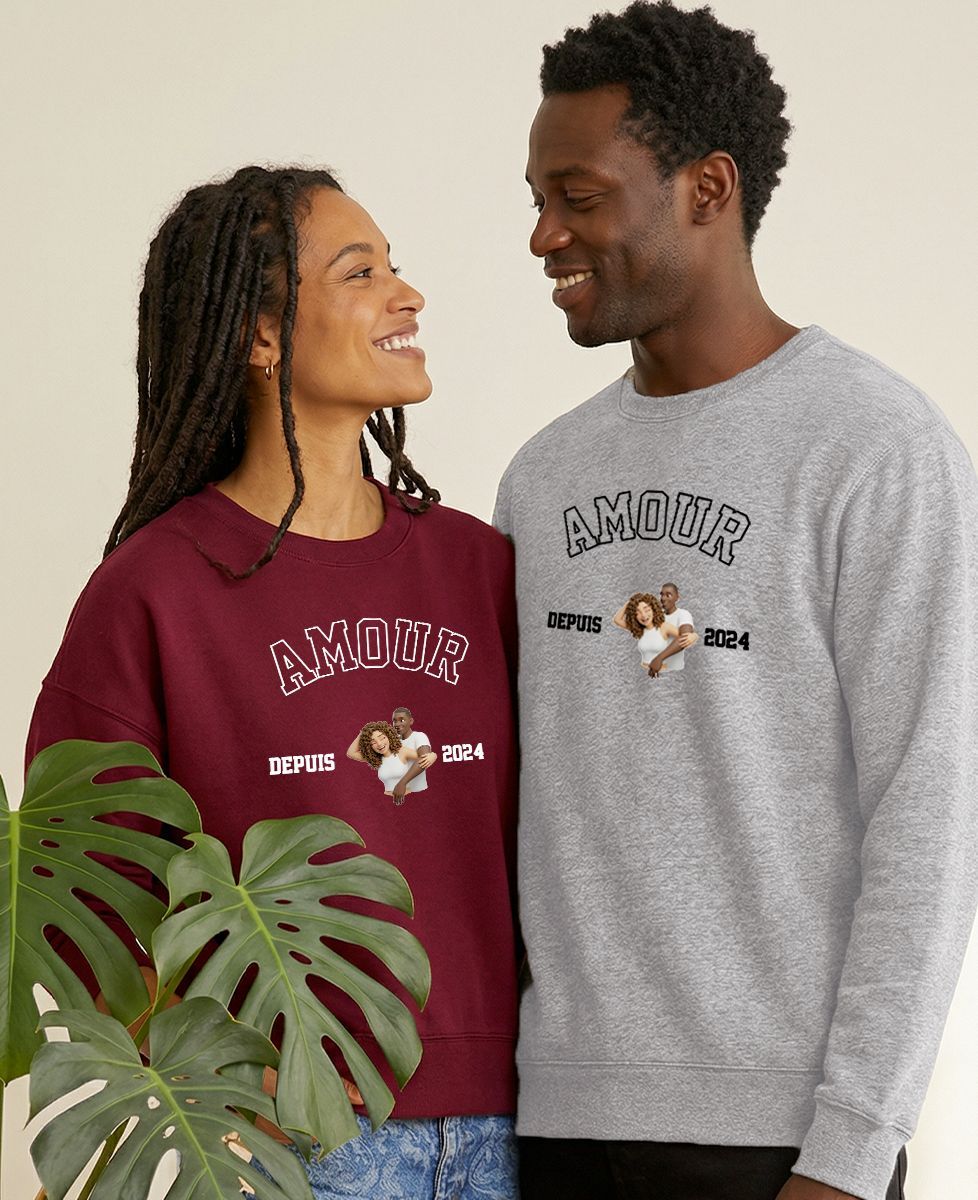 Sweatshirt couple illustré avec texte personnalisé | Monsieur Tshirt