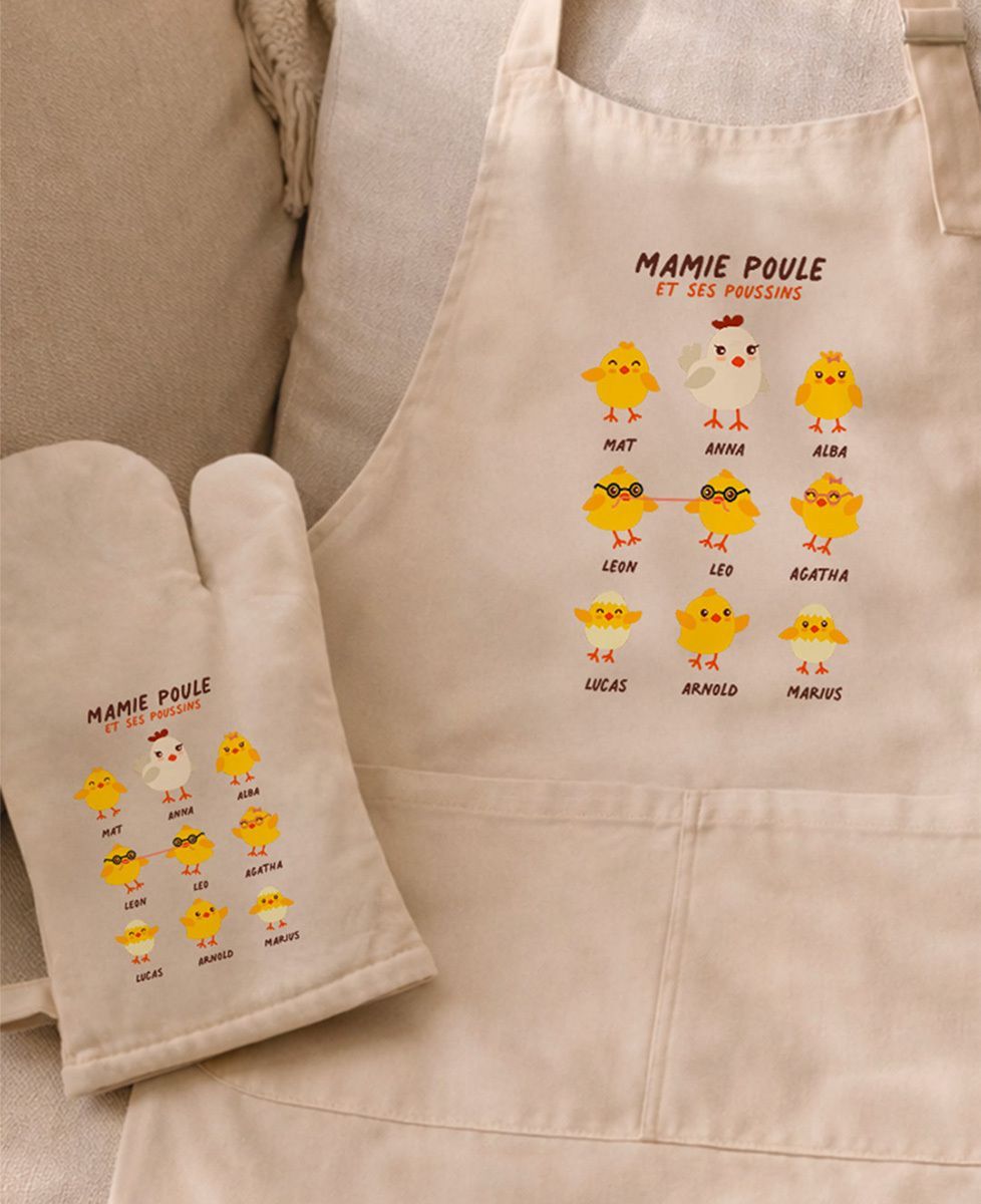 Duo Gant de cuisine et Tablier Mamie poule | Monsieur TSHIRT